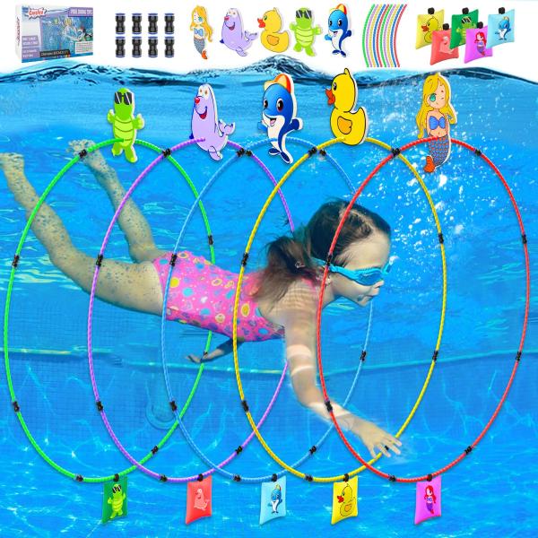 商品名:  Gushu Diving Toys 15 PCS Pool Toys for Kids Age 4-8 8-12 Water Swim Thru Rings with Buoys and Sandbags Underwater ...