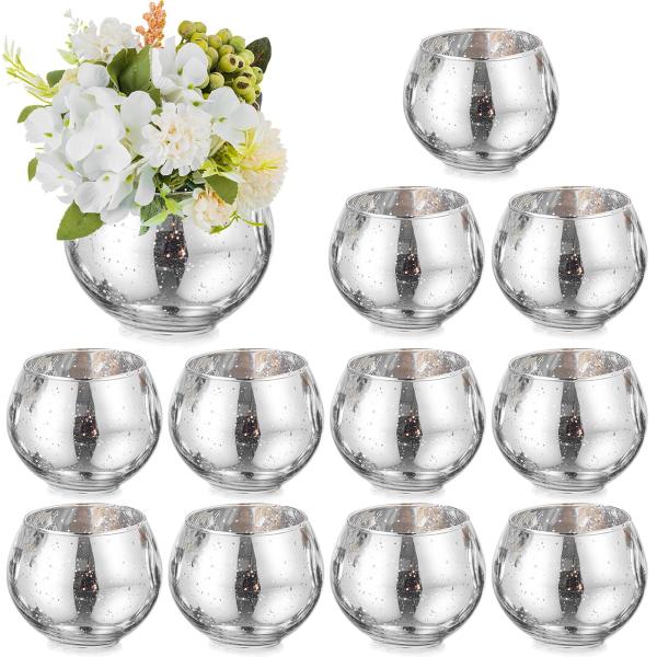 商品名: Nuptio ガラス製ティーライトホルダー 12個セット シルバー 小さな花瓶 ティーライト&amp;フラワー用 ラウンド 3インチ 奉納キャンドルホルダー マントルピース ベビーシャワー 結婚式 披露宴 ハロウィン 感謝祭ギフト...