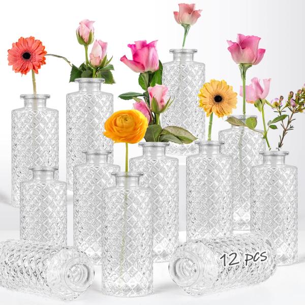 商品名: ガラス花瓶 12個セット 5.2インチ クリア花瓶 花用 ミニキュート クリアクリスタル花瓶 テーブルのセンターピースとして ウェディングデコレーション用クリア花瓶 素朴なミニヴィンテージ装飾 12 Set Glass Vase ...