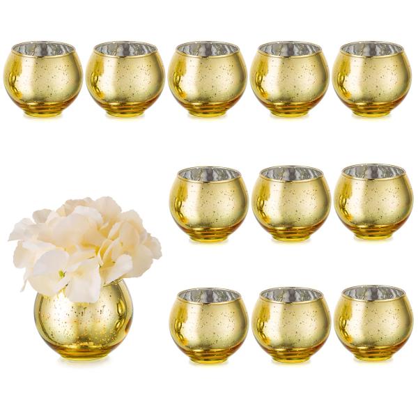 商品名: 小さなゴールド花瓶セット 12個セット ガラスシームガラス花瓶 センターピース用 モダンラウンド花瓶 フラワー用 マーキュリーガラスのつぼみ 花瓶バルク グリッターキャンドル花瓶 テーブルセンターピース ウェディングデコレーション...