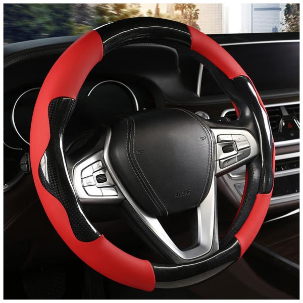 商品名: BubabyZZ 車用ハンドルカバー 滑り止め 通気性 快適 マイクロファイバー レザー カーボンファイバー カーアクセサリー 男女兼用 ユニバーサルプロテクター オールシーズン対応 15インチ ほとんどの車にフィット (レッド/...