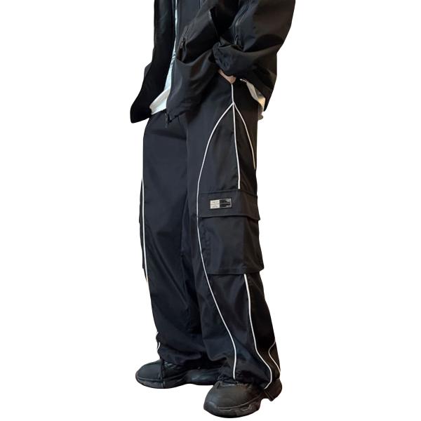 商品名:  OYOANGLE Men's Cargo Track Pants Drawstring Elastic Waist Flap Pockets Hip Hop Baggy Harem Pants Pure Black Lブランド:...