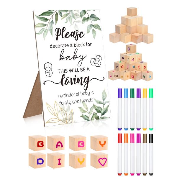 商品名: Sherr ベビーシャワーゲームサインセット 装飾ブロックゲームサイン 50個 DIY ブランク木製ブロック アクリルペイント 水彩マーカー ベビーシャワー賞品 ベビーシャワー用品 (葉) 63個 Sherr 63 Pcs Bab...