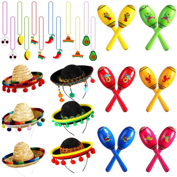 商品名:  30 Pcs Fiesta Favors Including 12 Mini Wooden Mexican Maracas 6 Mini Mexican Sombrero Hats with Headband 12 Neckla...