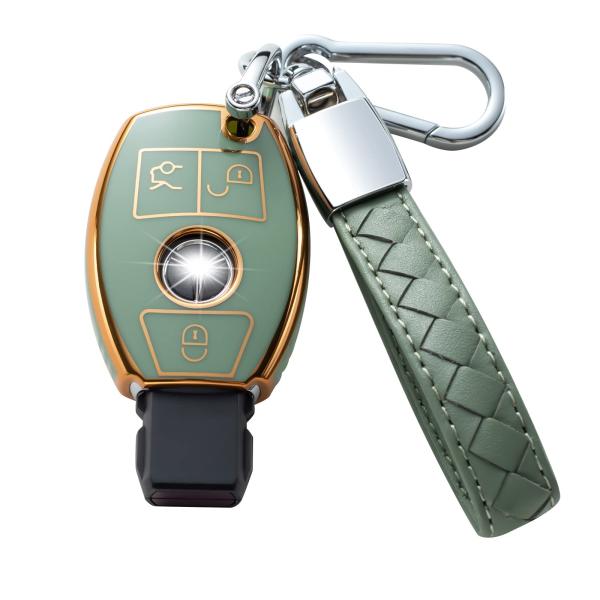 商品名: CHEZENHUI ベンツ用 3キーフォブカバー、グリーン CHEZENHUI Compatible with Mercedes Benz Key Fob Cover with Leather Lanyard, Car Key C...