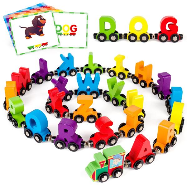 商品名:  Vanmor 27 PCS Magnetic Wooden Alphabet Train Sets | ABC Letter Learning Toy Trains with 42 PCS Flash Cards, 1 Engi...