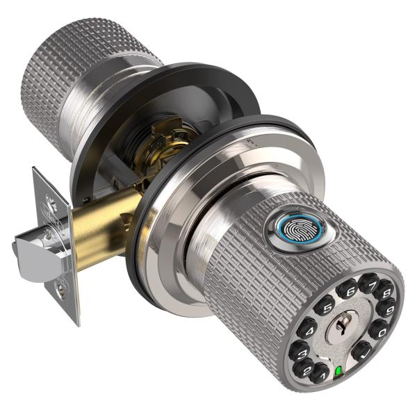 商品名: iuknob 指紋付きドアノブ キーパッドとキー付き スマートバイオメトリック デジタルロック 音声ナビゲーションプログラミング付き コンビネーション電子ハンドル 屋内ドア エントリ 寝室 ガレージ用 (サテンニッケル) iukn...