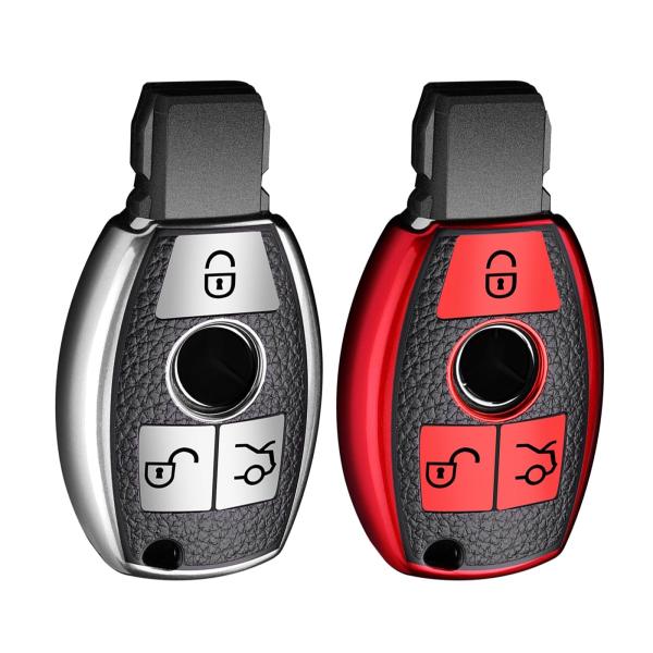 商品名: Xotic Tech 2X シルバー + レッド TPU グレインレザーテクスチャ キーフォブシェルカバーケース メルセデスベンツ A B C E S G M Vクラス CLA CLS GLA GLC W164 W204 3ボタン...