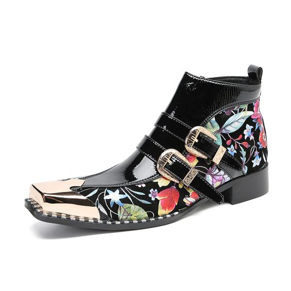 商品名:  Santimon Mens Novelty Fashion Metal-Square Toe Double Buttons Zip Flowers Genuine Leather Chelsea-Boots Bottes Com...