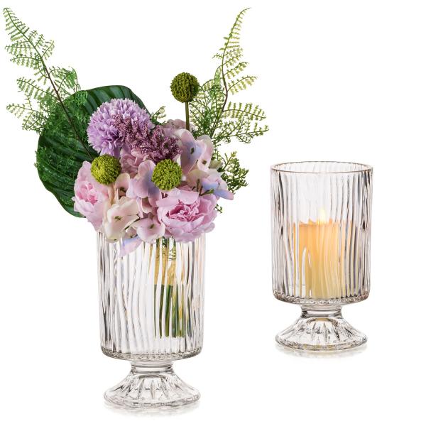 商品名:  Glasseam Ribbed Glass Vase for Flowers, Unique Compote Vases and Pedestal Bowls, Modern Crystal Clear Vase Set of ...