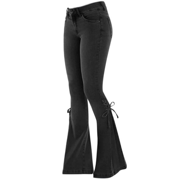 商品名:  TKMUNY Women's Lace-up Bell Bottom Denim Pants Mid Waist Stretchy Flare Juniors Jeans Trouser Leggings (Black, L)ブ...