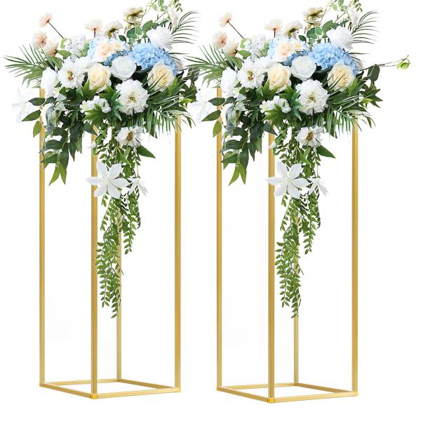 商品名: Fitous 2個 高さ31.5インチ/80cm ゴールドフラワースタンド メタル花瓶コラム 幾何学センターピーススタンド ウェディングセンターピース ゴールド花瓶 長方形フラワーディスプレイラック ウェディング/パーティーデコレ...