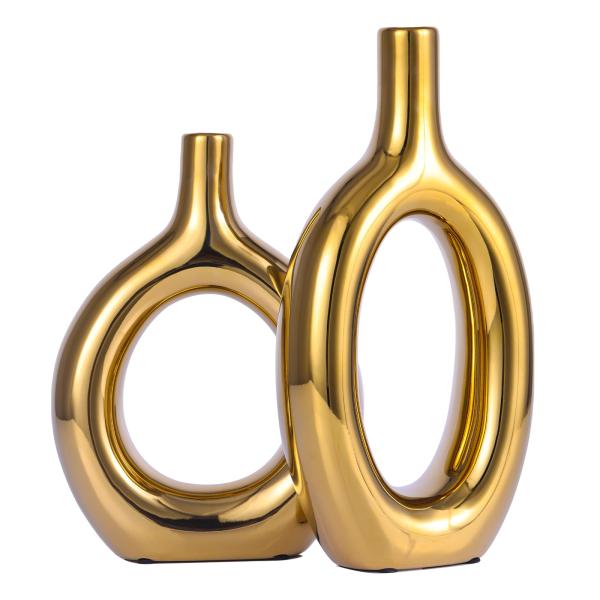 商品名: セラミック製ファット&amp;シン花瓶 (電気めっきゴールド) Gold Ceramic Vase Set of 2 - Gold Hollow Boho Flower Vases Modern Aesthetic Centerp...