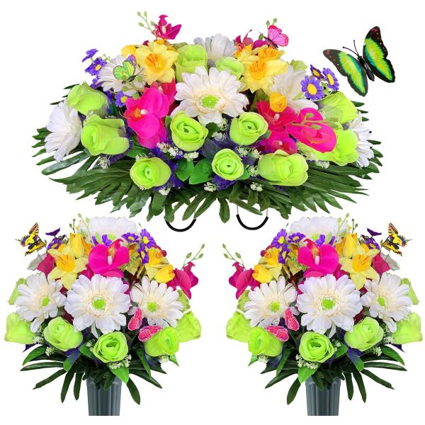 商品名: HENOMO 人工墓石 花サドル 墓用 3点セット 墓地の花 鮮やかな蝶のカラフルな花束 ミックスメモリアルアレンジ にじまない色 花瓶付き HENOMO Artificial Headstone Flower Saddle fo...