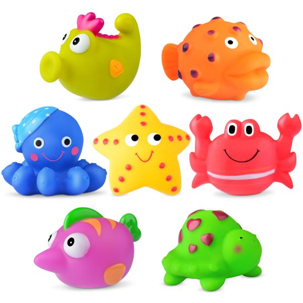 商品名: カビなし ベビーバスおもちゃ 幼児用 1~3 穴なし カビなし 海の動物 バスタブおもちゃ 6~12~18か月 シャワーおもちゃ お風呂のおもちゃ 1~2歳 3歳 男の子 女の子 (7個 収納メッシュバッグ付き) ZGLYMUS ...