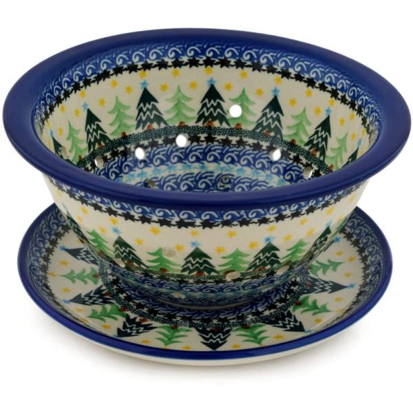 商品名:  Authentic Polish Pottery 7?-inch Colander with Plate made by Ceramika Artystyczna (Christmas Evergreen Theme) + Ce...