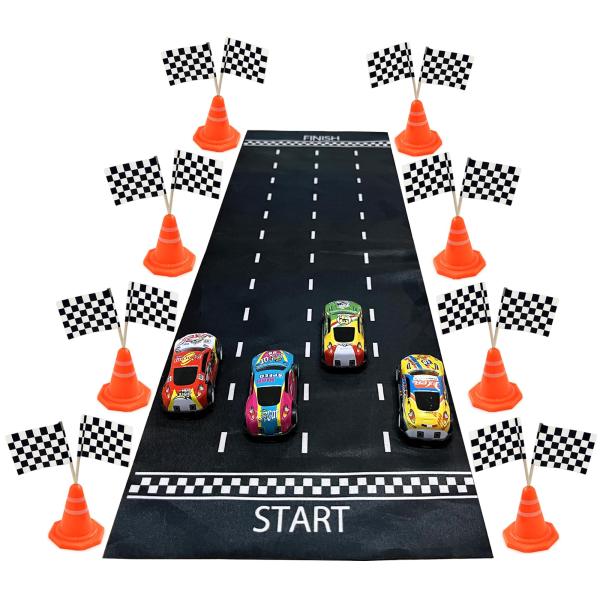 商品名: 41ピース レースカーゲームセット レースカートラフィックコーン レーストラックテーブルクロス チェック柄フラッグ レーシングカー 誕生日パーティー 記念品用品 41PCS Mini Race Car Table Game Set...