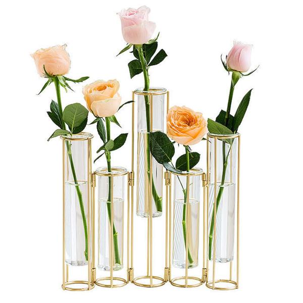 商品名: BEIJIALY テストチューブ花瓶 花用 ガラス花瓶 メタルスタンドラック付き ヒンジ付き花瓶 5個セット クリエイティブなフラワーアレンジメント 花瓶 北欧 ゴールデンアイアンアート花瓶 モダンホームデコレーション(ゴールド)...