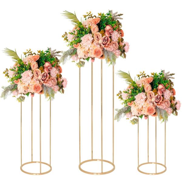 商品名: ゴールドウェディングフラワースタンド 3個セット 金属製花瓶 柱 幾何学模様 ウェディングテーブルディスプレイ センターピース トールフローラルデコレーションホルダー ウェディングパーティー装飾 Gold Wedding Flow...