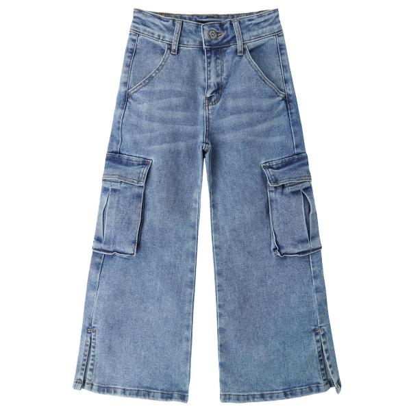 商品名:  KIDSCOOL SPACE Big Girls' Cargo Jeans with Flap Pocket, Wide Leg and Split Hem Boyfriend Denim Pants,Light Blue,14...