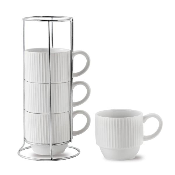 商品名:  Hasense White Ceramic Coffee Mugs Set With Holder- 12 oz Stackable Coffee Cups Ceramic, Modern Ribbed Latte Cup Se...