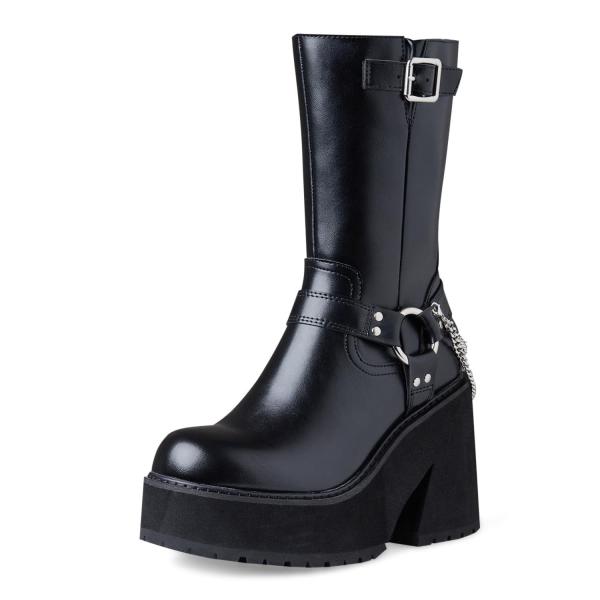 商品名:  AMINUGAL Women's Chunky Block Heel Mid Calf Boots Platform Round Toe Punk High Heels Metal Chain Decoration Riding...