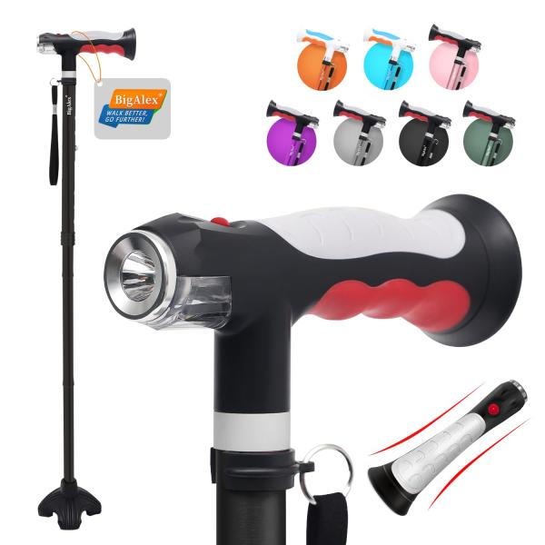 商品名: BigAlex 折りたたみ式ウォーキング杖 LEDライト2個付き 高齢者用 ソリッドベース 調節可能なウォーキングスティック キャリーバッグ付き 男女兼用 BigAlex Folding Walking Cane with Two...