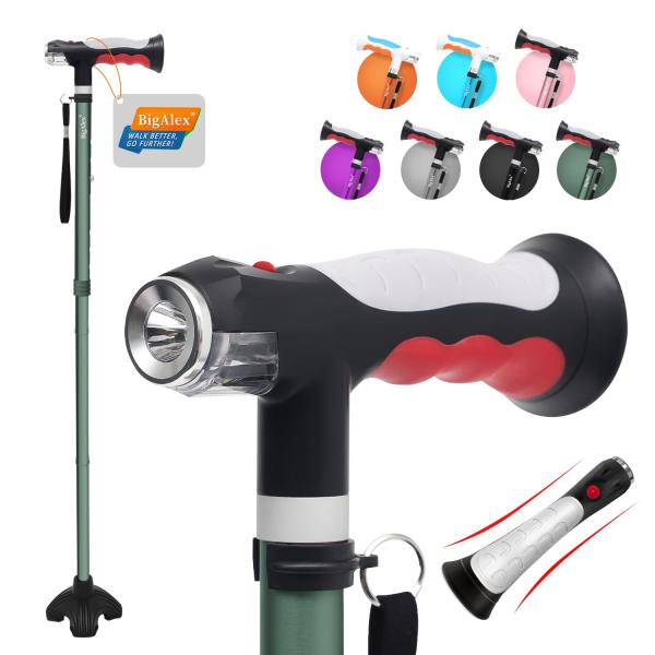 商品名: BigAlex 折りたたみ式ウォーキング杖 LEDライト2個付き 高齢者用 ソリッドベース 調節可能なウォーキングスティック キャリーバッグ付き 男女兼用 BigAlex Folding Walking Cane with Two...