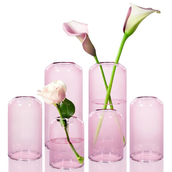 商品名:  ZENS Bud Vases Set of 6, Pink Clear Small Glass Vase for Flowers. Modern Hand Blown Cylinder Glass Vase for Weddin...