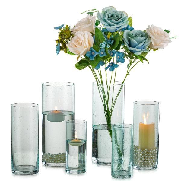 商品名: Glasseamガラスハリケーンキャンドルホルダー シリンダーフローティングキャンドルホルダー 6個セット モダンピラーキャンドル キャンドルホルダー用 ユニークなブルー花瓶 花用 ウェディング/クリスマス/ダイニングテーブルの装...