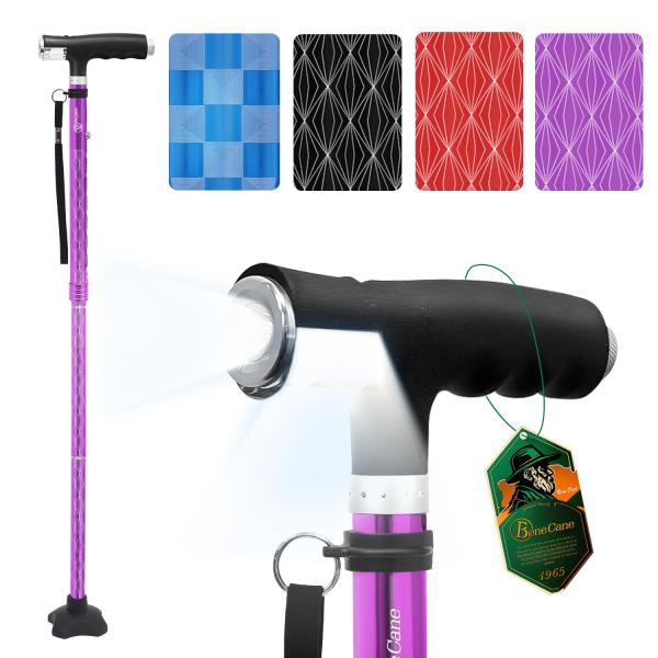 商品名: BeneCane ウォーキング杖 女性用 折りたたみ式杖 男性用 LEDライト2個付き クワッドケーン 安定したベース 軽量で調節可能なウォーキングスティック(彫刻パープル) BeneCane Walking Cane for W...