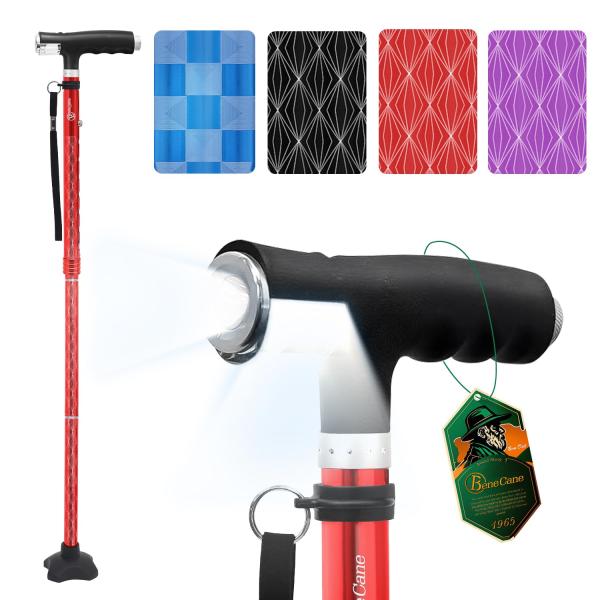 商品名: BeneCane ウォーキング杖 女性用 折りたたみ式杖 男性用 LEDライト2個付き 4本の杖 安定したベース 軽量で調節可能なウォーキングスティック (彫刻レッド) BeneCane Walking Cane for Wome...