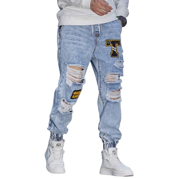 商品名:  WDIRARA Men's Cut Out Ripped Letter Patched Jeans Frayed Zipper Fly Long Denim Pants Straight Leg Slim Fit Trouser...