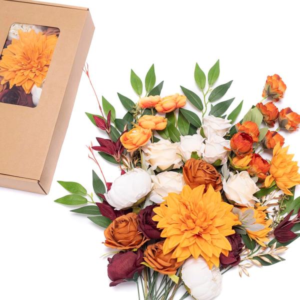 商品名: JAROWN 造花 コンボボックスセット ミックスシルク フェイクフラワー 茎の葉と花のブーケアクセサリー DIY ホームデコ ウェディングアレンジメント テーブル センターピース ブライダルブーケ (オレンジ) JAROWN A...
