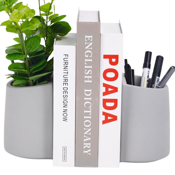商品名: ブックエンド 重い本 本の端 装飾ブックエンド 本棚装飾 (ライトグレー) Decorative Bookends, Concrete Planter Bookends, Heavy Duty Book Ends Non-Skid...