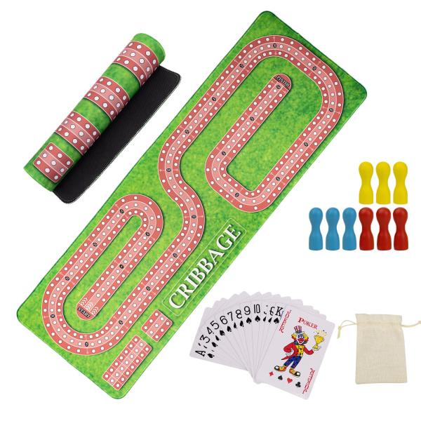 商品名: パッド入りクリベッジボードゲームセット クラシック卓上ゲーム ゴムゲームマット1枚 カードデッキ付き 木製チェスピース9個 ポータブル 家族でのゲームナイトで楽しめる JstFrU Cribbage Board Game,Clas...