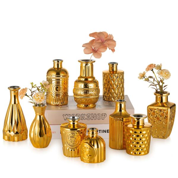 商品名:  NUPTIO Bud Vases Bulk Gold: 10 Pcs Glass Small Vase Set for Flowers - Mini Vintage Flower Bottle Single Assorted V...