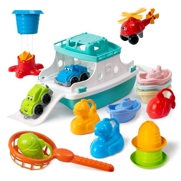 商品名:  Ferry Boat Toys Set with Helicopter 2 Cars | Baby Bath Toys for Toddlers with Stacking Cups | Baby Water Toy with ...