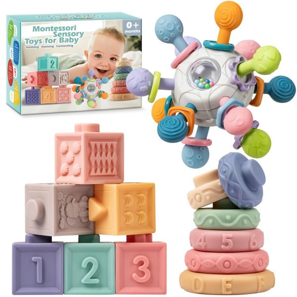 商品名:  SpringFlower 3 in 1 Montessori Toys for Babies 0-3-6-12 Months, Rattle Teether &amp; Baby Blocks &amp; Soft Stacki...