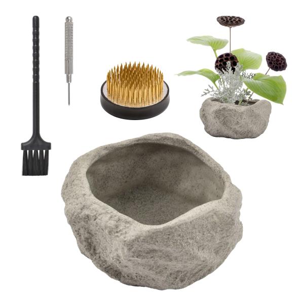 商品名: WANDIC セラミックフラワーアレンジメント用品 グレーフェイクストーン花瓶&amp;5cmフローラルフロッグ 生け花陶器の花器用 花器アレンジメント用 WANDIC Ceramic Flower Arrangement Sup...