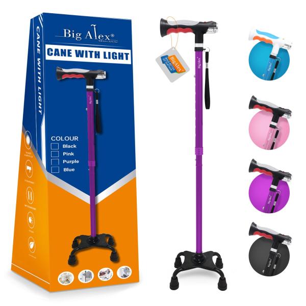 商品名: BigAlex (ビッグアレックス) クワッドケーン 高齢者用 折りたたみ式 軽量 ウォーキングケーン 2つのライト付き 調節可能なウォーキングスティック 快適なソフトハンドル付き 高齢者向け BigAlex Quad Cane ...