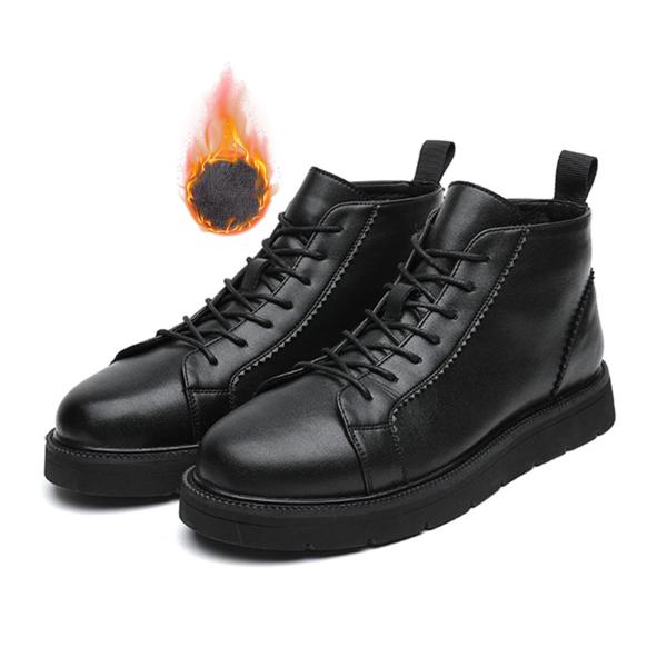 商品名:  Men's Platform Black Leather Fleece-Lined Chukka Boots Fashion Winter Warm Lace Up Round Toe High Top Casual Sneak...