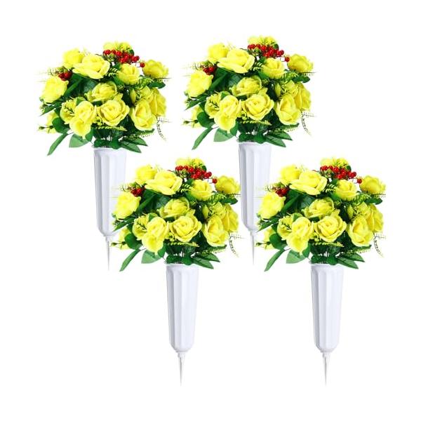 商品名: Tigeen 4セット 人工墓地花 96ヘッド 人工バラブーケ 墓地の装飾 墓地の花瓶4個付き 墓地の花瓶 墓のスパイク用 葬儀用花 屋外墓辺の墓石用 (ホワイト、イエロー) Tigeen 4 Sets Artificial Ce...