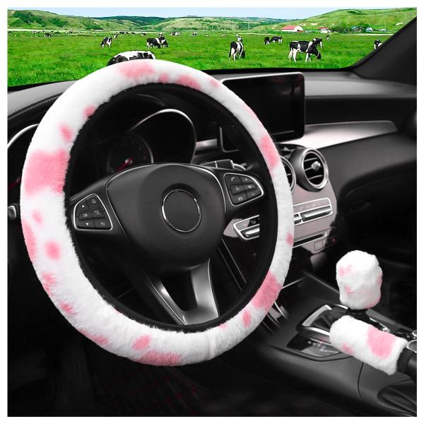 商品名: SuperKaKa 3ピース 毛皮のような牛のプリント ハンドルカバー フラシ天 かわいい牛 ハンドルカバー シフト&amp;ハンドブレーキカバー ふわふわ 暖かい ユニバーサル 15インチ カーインテリアアクセサリー レディース...