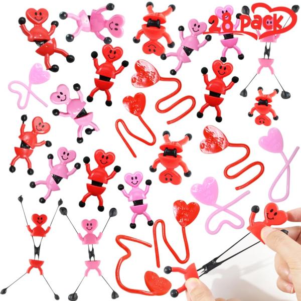 商品名: 赤いハート型のボックス 28個パック プレフィルド 壁クライミング メンズ バレンタインカード付き スマイリーフェイス ウィンドウクローラー メンズ 伸縮性 粘着性 おもちゃ 子供 バレンタイン パーティー 記念品 学校 教室 交...