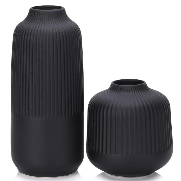 商品名: セラミック花瓶 2個セット Lサイズ マットブラック花瓶 ホームデコ クラシック 北欧スタイル 部屋やオフィスの棚の装飾に シンプルでありながらゴージャスなボーホー装飾花瓶 新鮮なドライフラワー パンパスグラス用 Ceramic ...