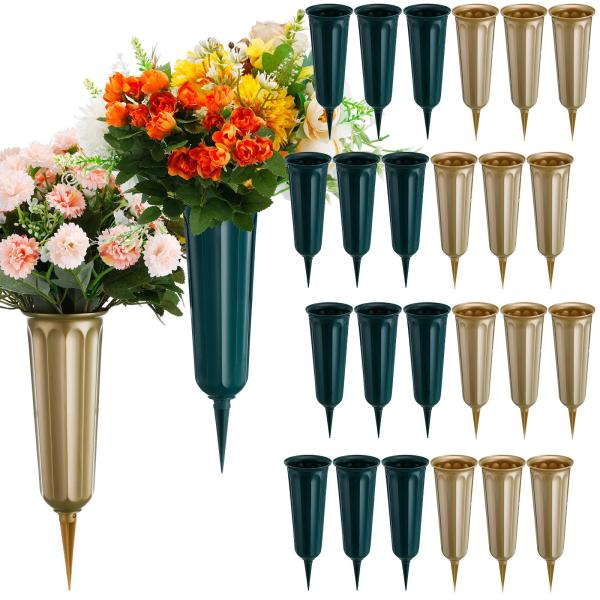 商品名: Patelai (パテライ) 24個 メモリアル墓地花瓶 スパイク付き プラスチックフラワーホルダー 墓地用 コーン型花瓶 花用 墓石の花用 花の装飾 7.9 x 4 x 2.4インチ (グリーン、ゴールド) Patelai 24...