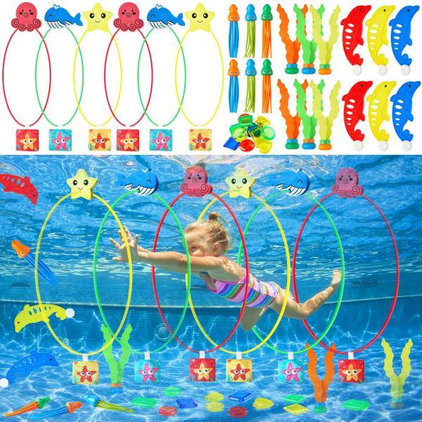 商品名:  Motionchic 42 Pcs Pool Toys for Kids Age 4-8 8-12, 6 Diving Through Swim Rings, 6 Buoys, 6 Sand Bags and 24 Pool D...