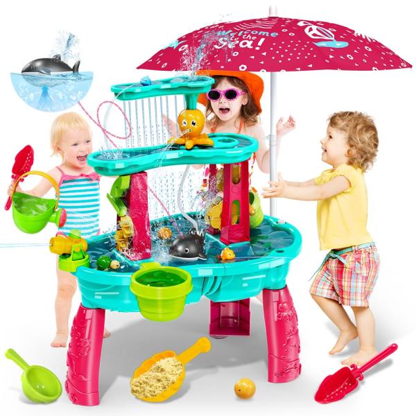 商品名:  VATOS Sand Water Table Toys for Toddlers Kids - with Water Pumb &amp; Umbrella 3-Tier Kids Splash Table, Water Pla...