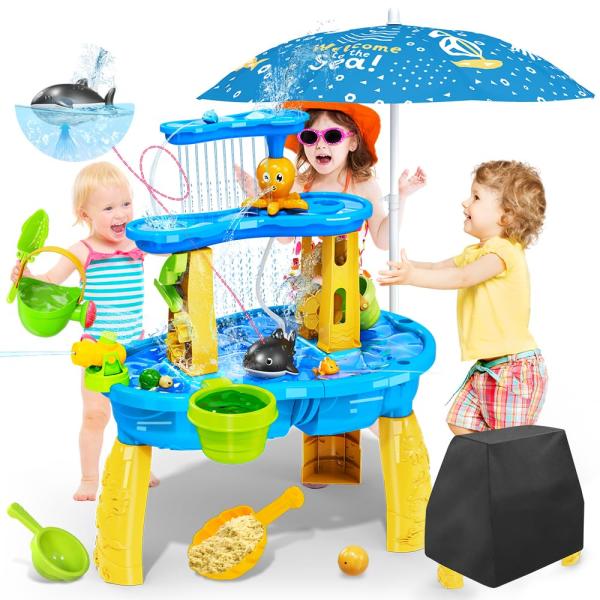 商品名:  VATOS Sand Water Table Toys for Toddlers Kids - with Water Pumb &amp; Umbrella 3-Tier Kids Splash Table, Water Pla...